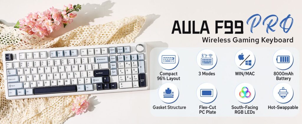 AULA F99 Pro 96% Tri-Mode Wireless Full Size Mechanical Gaming Keyboard ...