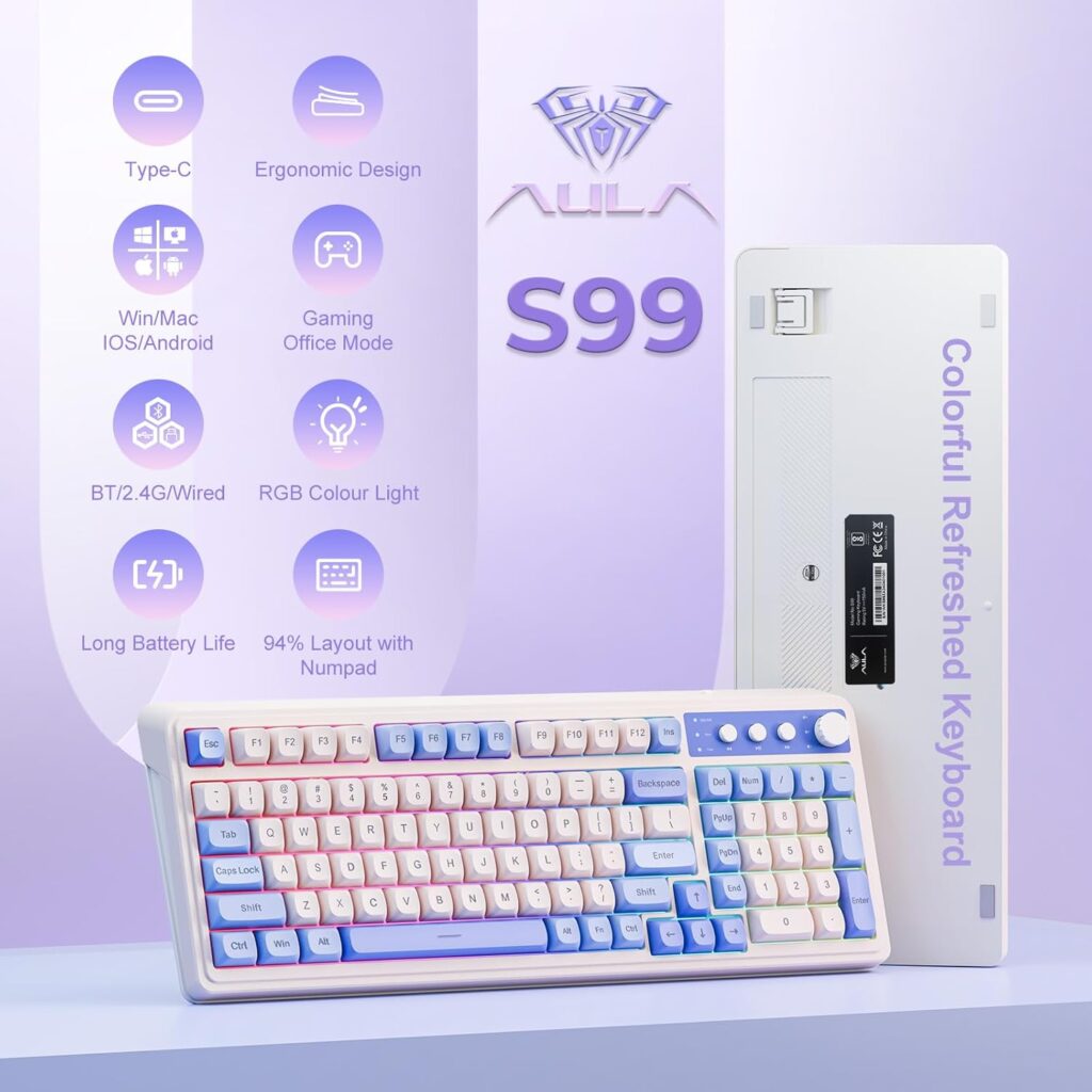 AULA S99 Tri-Mode (2.4G/BT/Wired) Programmable Full Size Membrane ...